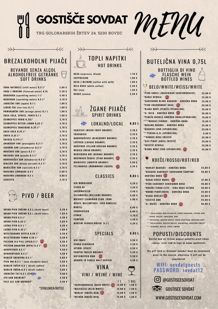 Jedilni list - Gostisce Sovdat, Bovec